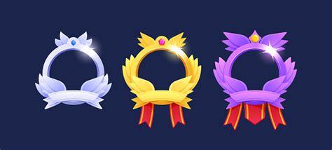 실버 골드 및 플래티넘 게임 아바타 프레임 랭크 어워드 배지 레벨 Ui 아이콘 빨간 리본과 보석이 있는 빈 배너 여러 층에 대한