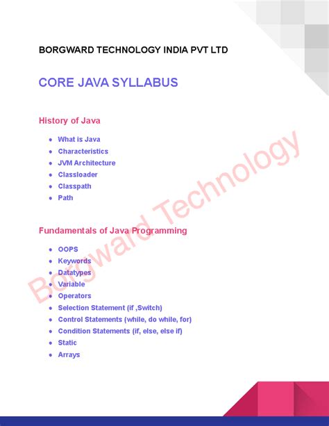 Core Java Syllabus Core Jaba Syllunus Borgward Technology India Pvt Ltd Core Java Syllabus