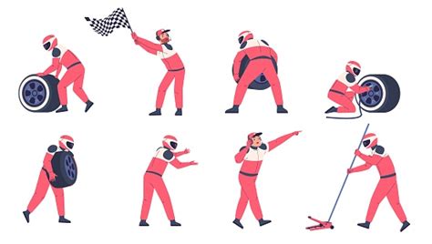 핏 스톱 팀 레이싱 엔지니어 포뮬러 원 스포츠 카 정비사 승무원 레이스 드라이버 기술자 유지 보수 문자 모터 파일럿 속도로드 레인 레이서 세트 고급 벡터 일러스트 레이 션