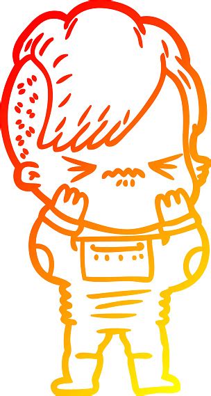 우주복을 입은 만화 짜증나는 힙스터 소녀의 따뜻한 그라데이션 선 그리기 고풍스런에 대한 스톡 벡터 아트 및 기타 이미지 고풍스런 그라데이션 낙서 드로잉 Istock