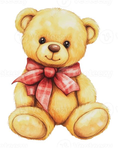 Cute Yellow Teddy Bear Sitting With A Red Bow 52654127 Png