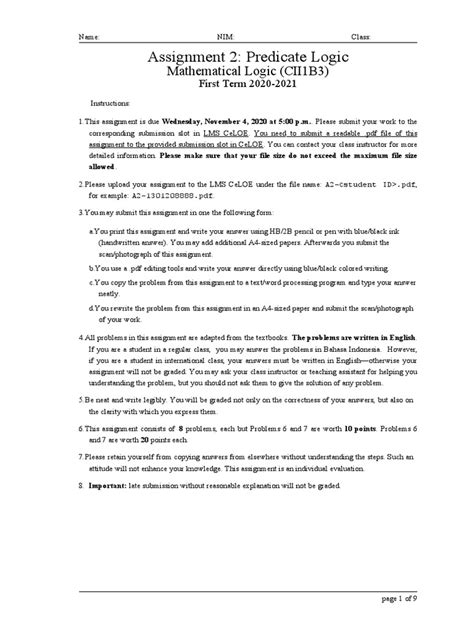 Assignment 2 Predicate Logic Mathematical Logic Cii1b3 Pdf Logic Cognitive Science