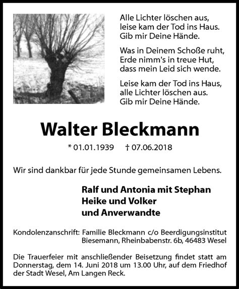 Traueranzeigen Von Walter Bleckmann Trauer In Nrwde