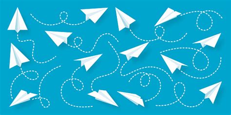 다양한 사실적인 백서 평면 컬렉션 점선으로 된 낙서 노선이있는 수제 종이 접기 항공기 비즈니스 개념 요소 프로젝트 시작 및 목표 달성 벡터 일러스트 레이 션 종이 비행기에