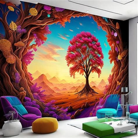 Un Mural De Pared De Un árbol Y Una Montaña Con Un Cielo Morado Foto
