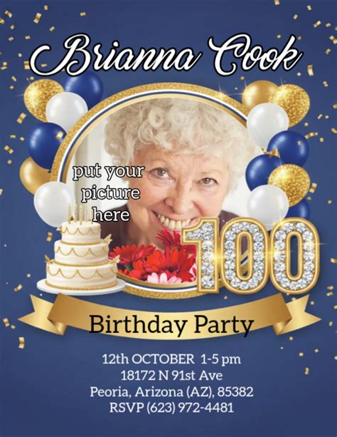 100th Birthday Party Invitation With Photo Balloon And Cake Template