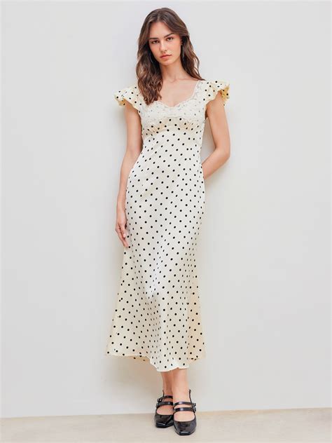 Woven Woven Sweetheart Polka Dot Lace Trim Maxi Dress For Date