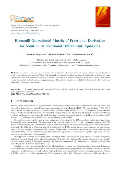 Pdf Bernoulli Operational Matrix Of Fractional Derivative For