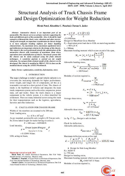 Pdf Structural Analysis Of Truck Chassis Frame And Design Optimization For Weight Reduction