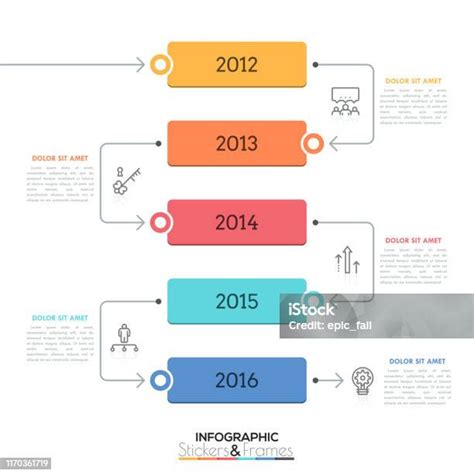 수직 타임라인 화살표로 연결된 다섯 개의 직사각형 요소 내부의 연도 표시입니다 5에 대한 스톡 벡터 아트 및 기타 이미지 5 계획 설계도 Istock