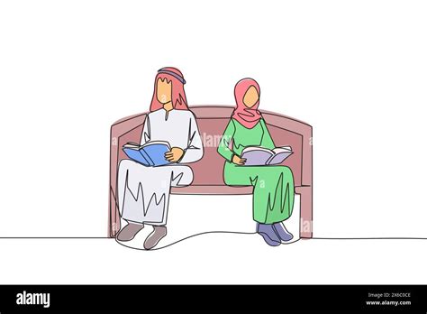 Continuous One Line Drawing Arab Man Woman Sitting Reading On Chair In
