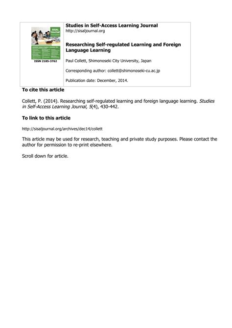 Pdf Researching Self Regulated Learning And Foreign Language Learning