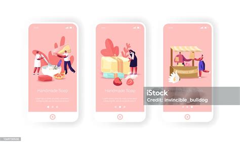 수제 비누 모바일 앱 페이지 온보드 화면 템플릿 거대한 천연 유기농 재료의 거품을 만드는 작은 캐릭터 등장인물에 대한 스톡 벡터 아트 및 기타 이미지 Istock