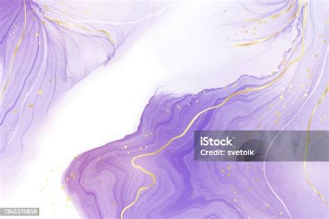 황금선이 있는 보라색 라벤더 액체 수채화 배경 파스텔 바이올렛 대리석 알코올 잉크 그리기 효과 웨딩 초대 메뉴 Rsvp에 대한