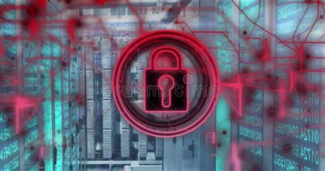 Animation Of Security Padlock Icon Against Biometric Fingerprint Scanner Over Server Room Stock