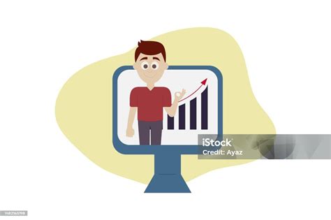 젊은 웃는 남자가 모니터 화면 긍정적인 막대 그래프 옆에 서 있다 Ok 손 제스처 비즈니스 인포그래픽을 위한 사무실 관리자 만화 스타일의 벡터 그림 개발에 대한 스톡 벡터