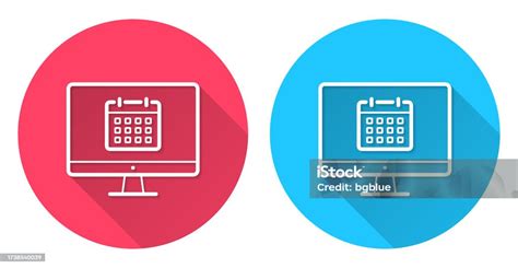 일정이 있는 데스크톱 컴퓨터 빨간색 또는 파란색 배경에 긴 그림자가 있는 둥근 아이콘 개념에 대한 스톡 벡터 아트 및 기타 이미지 개념 계획 그림자 Istock