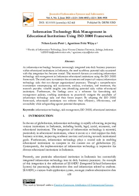 Pdf Information Technology Risk Management In Educational Institutions Using Iso 31000 Framework
