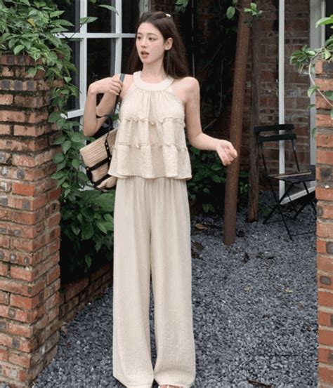 당일출고🩷모베 ️ 민소매블라우스 롱팬츠set 홀터넥 민소매 블라우스 와이드 롱 팬츠 플리츠 투피스 세트 4color 에이블리