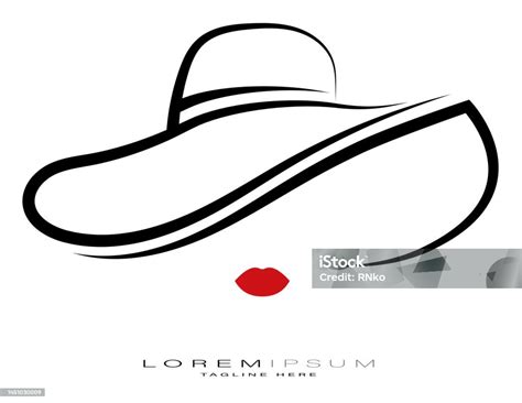 긴 검은 머리를 가진 넓은 모자를 쓴 젊은 모델 소녀의 상징 브랜드 이름에 검은색 선이 있는 여성 캐릭터 기호의 스케치 흰색 배경에 격리된 최소 벡터 모자 모자류에 대한