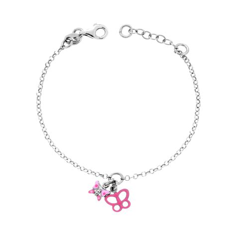 Bracciale Bimba Bimbo Catena Rolo Diamantata Con Farfalle Smalto Fucsia
