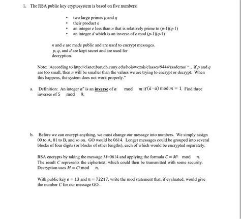 Solved 1 The Rsa Public Key Cryptosystem Is Based On Five