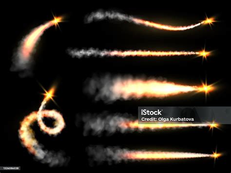 연기 로켓 연기 제트 후행 불타는 안개 산책로 제트 비행기 미사일 셔틀 또는 우주선 해협과 곡선 회선 혜성 또는 운석이 우주에