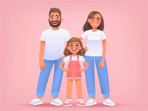 Heureuse Jeune Famille Sur Fond Rose Maman Papa Et Sa Fille Posent Ensemble En Pleine Croissance