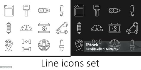 세트 라인 자동차 점화 플러그 타이밍 벨트 키트 속도계 충격 흡수 장치 휘발유 캐니스터 배터리 및 원격 아이콘이있는 키 벡터 검은색에 대한 스톡 벡터 아트 및 기타 이미지