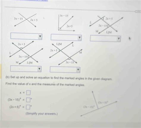 b set up and solve an equation to find the marked angles in the given