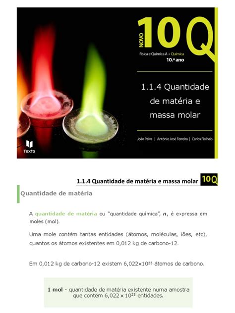 Quantidade De Matéria E Massa Molar Pdf Mol Unidade Natureza