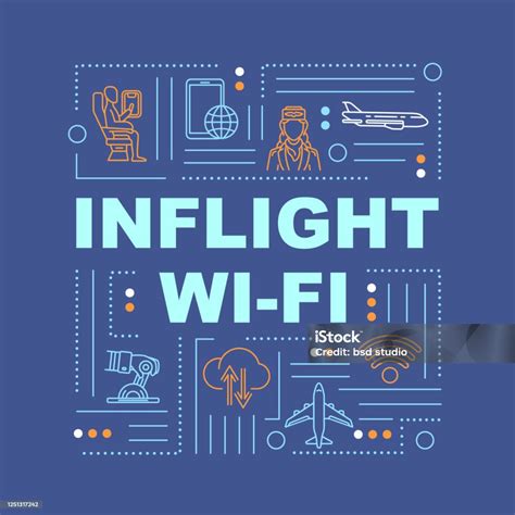 기내 Wifi 비행기 단어 개념 배너인터넷 로머 승객 서비스 파란색 배경에 선형 아이콘이 있는 인포그래픽입니다 격리된 타이포