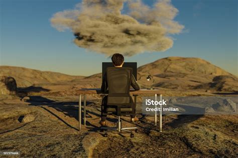 사막 환경의 Pc 사무실 작업장에 거대한 문서 바인더 더미와 머리 위로 구름이 쌓인 남자 작업량 스트레스 소진 개념 3d 일러스트레이션 0명에 대한 스톡 사진 및 기타
