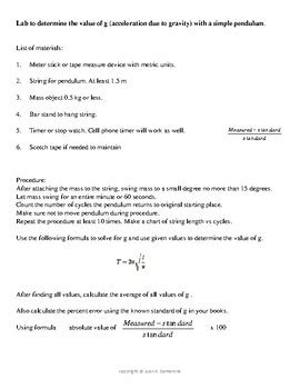 Acceleration Due To Gravity Lab By Using A Pendulum TPT