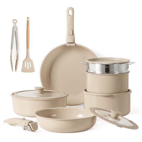 Carote 14pc Ceramic Nonstick Cookware Set With Detachable Handle In Taupe