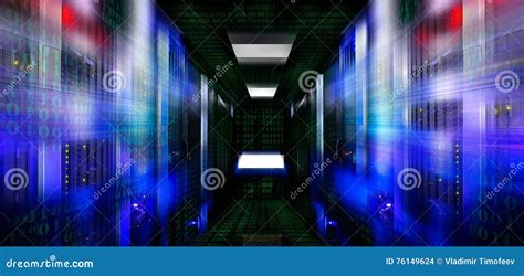 Fantastic Symmetric Data Center Room With Binary Code Penetrating