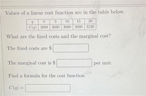 Solved Values Of A Linear Cost Function Are In The Table