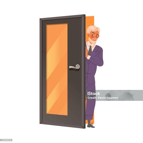 Elderly Businessman Standing At Open Door Vector Illustration On White