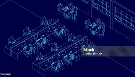 몇 사람이 책상에 앉아 있는 방의 파란색 이미지입니다 방은 3d 형식으로 표시되며 책상과 의자는 작업 공간을 암시하는 방식으로