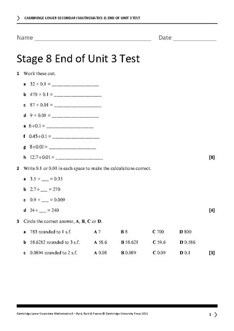Stage 8 End Of Unit 3 Test Cambridge Lower Secondary Mathematics 8