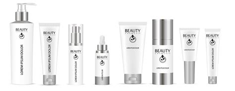 흰색 벡터 화장품 병 빈 템플릿 스프레이 디스펜서 스포이드 크림 튜브 용기 플라스틱 병의 집합입니다 화장품 패키지의 현실적인 3d 모형입니다 메이크업 화장품에 대한 스톡