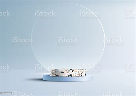 3d 현실적인 현대 미니멀 스타일 테라조 실린더 연단의 꼭대기 부드러운 파란색 장면 배경에 원형 투명 유리 배경이 있는 파란색과 흰색 스탠드 테라조에 대한 스톡 벡터 아트