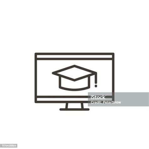 온라인 교육을 나타내는 학술 모자와 데스크톱 컴퓨터 화면 E러닝 컨셉을 위한 현대 트렌디 벡터 씬 라인 아이콘 일러스트레이션 가상현실에 대한 스톡 벡터 아트 및 기타 이미지