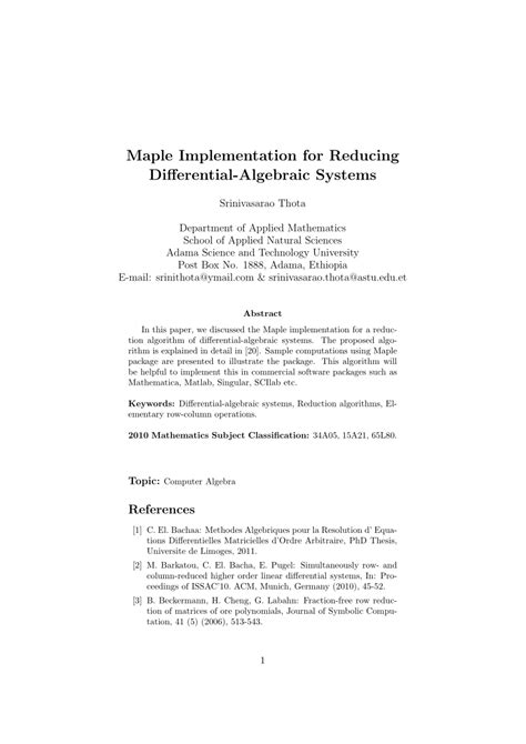 Pdf Maple Implementation For Reducing Differential Algebraic Systems
