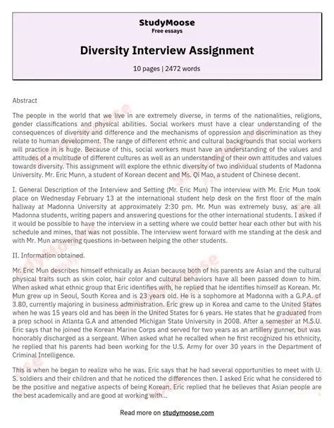 Diversity Interview Assignment Free Essay Example