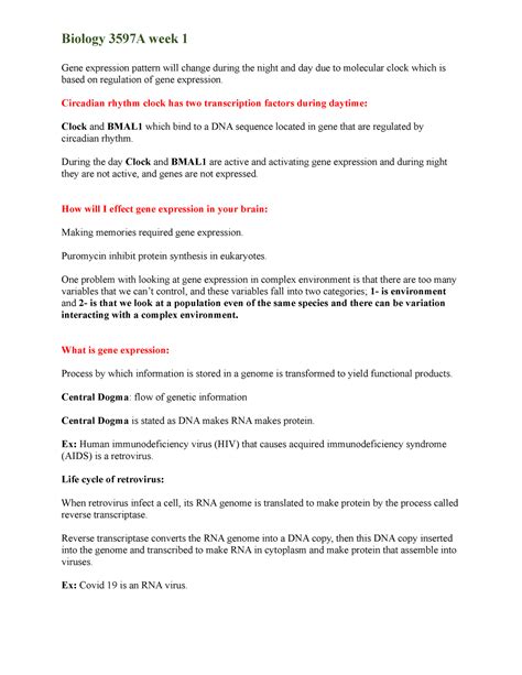 Week 1 Lecture Note For First Exam Gene Expression Pattern Will