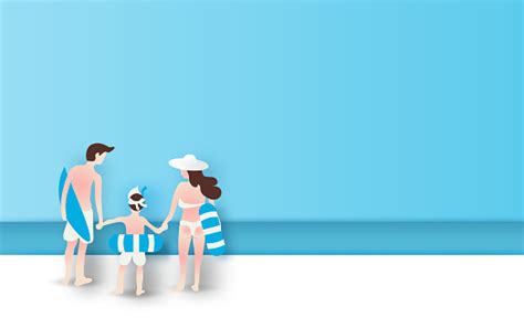 해변에서 행복 한 재미를 갖는 뒷 전망 젊은 가족의 3d 그림 고무 링으로 잠수 하는 사람들 현대 다채로운 파스텔 여름에 바다 보기 종이 잘라 공예 개념입니다 평면