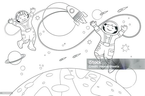 색칠 공부 두 젊은 우주 비행사는 별과 행성의 배경에 대한 공간에서 비행 만화 스타일의 벡터 일러스트레이션 흑백 선 아트 색칠놀이 책에 대한 스톡 벡터 아트 및 기타 이미지