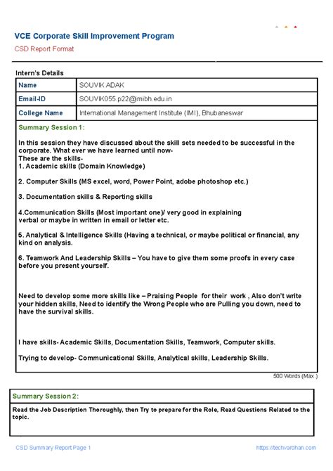 CSD Task Completed VCE Corporate Skill Improvement Program CSD Report
