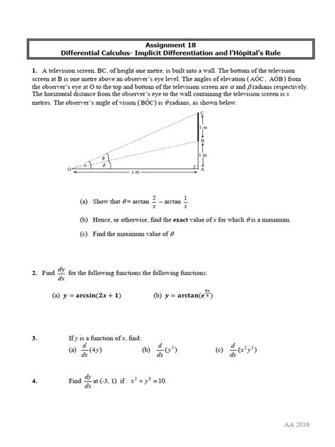 Assignment 18 Differential Calculus Inverse Trig Implicit And
